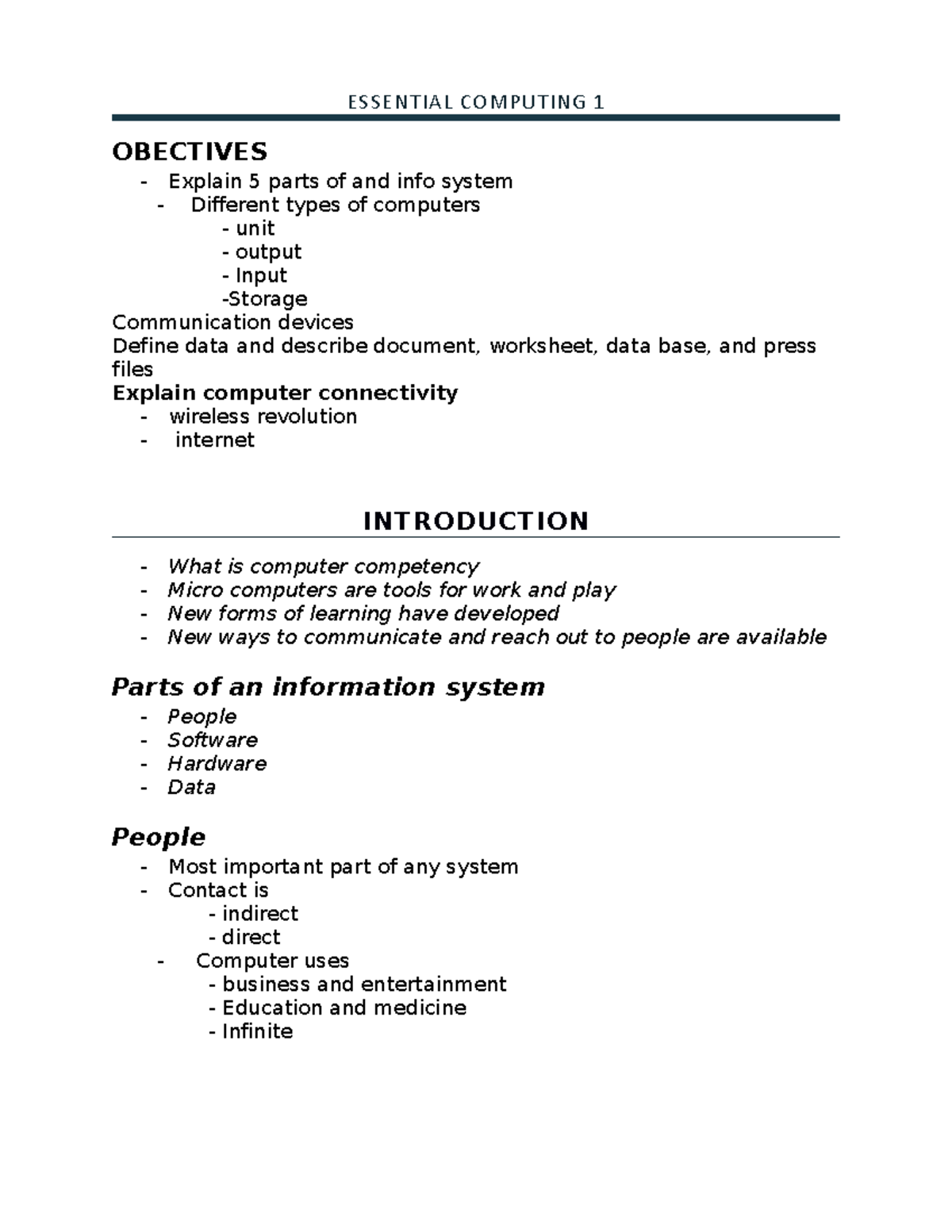 EC notes - brief lecture description - ESSENTIAL COMPUTING 1 OBECTIVES ...
