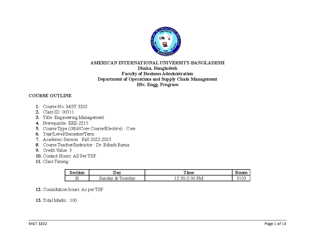 MGT-3202-Engineering Management(G) Course Outline Summer 2020-2021 ...