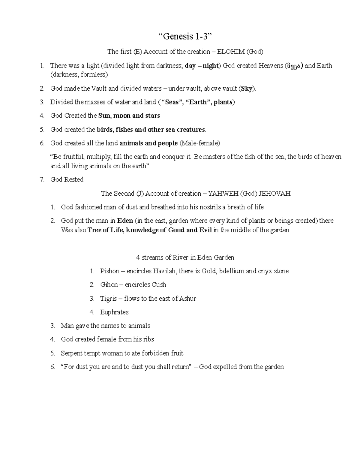 SUSTN 332 genesis 1-3 summary - “Genesis 1-3” The first (E) Account of ...