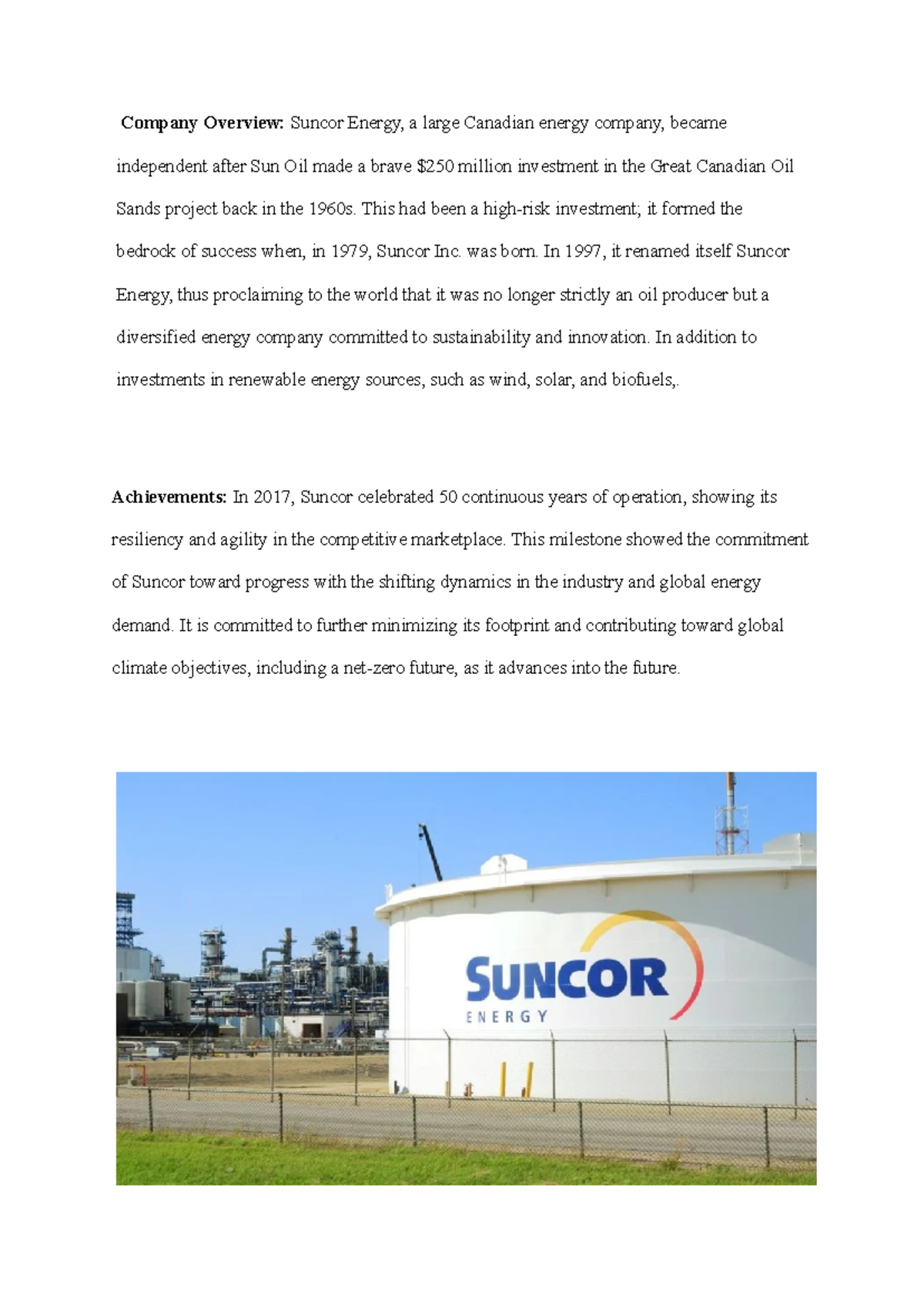 Financial management - Company Overview: Suncor Energy, a large ...