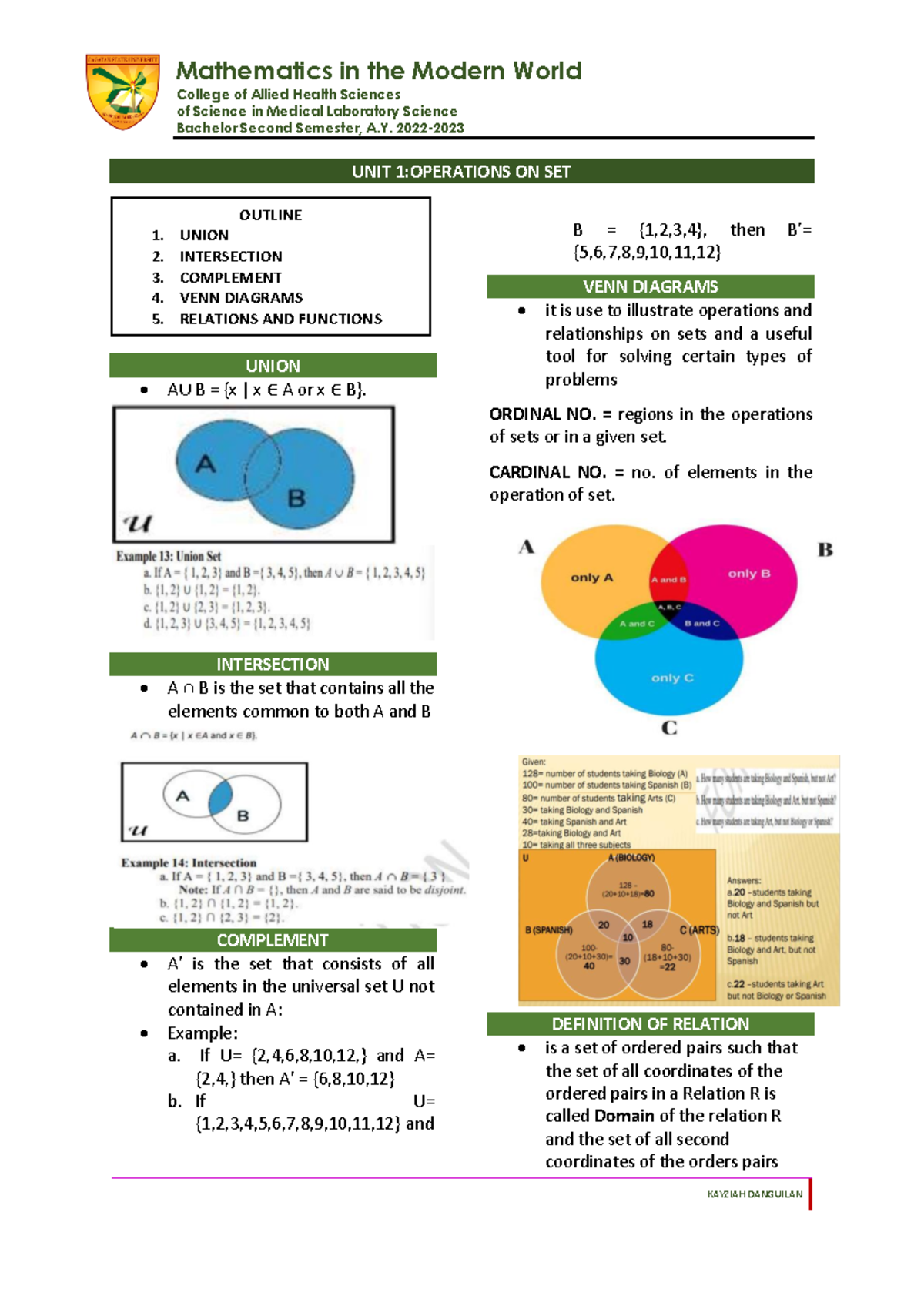 MMW UNIT 1 - Mathematics in the Modern World College of Allied Health ...
