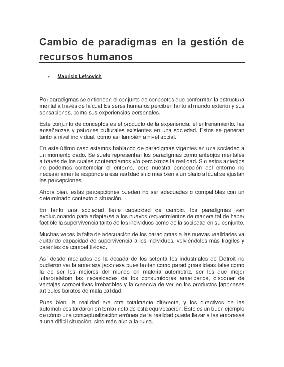 Cambio de paradigmas en la gestión de RRHH - Cambio de paradigmas en la gestión de recursos ...