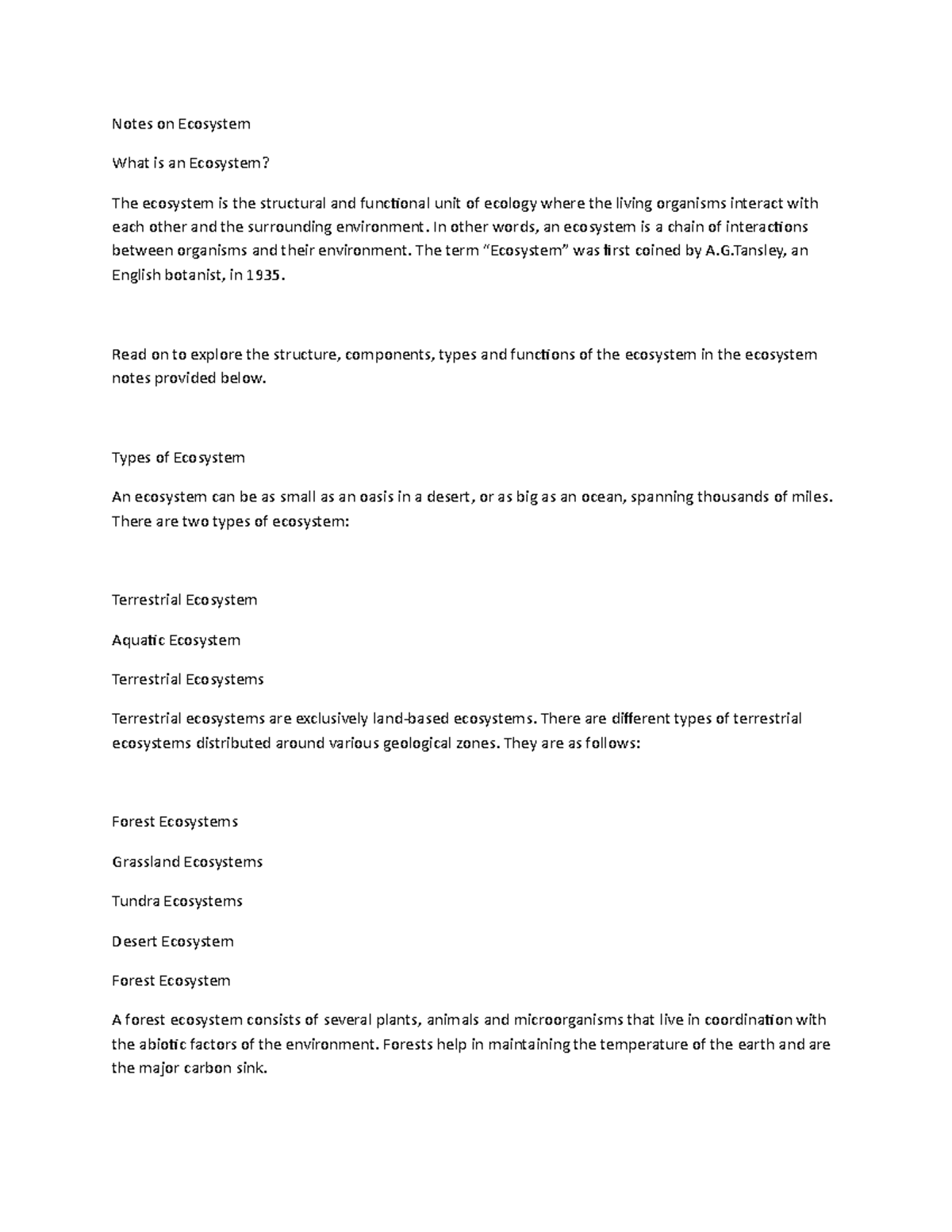 Notes on Ecosystem - Notes on Ecosystem What is an Ecosystem? The ...