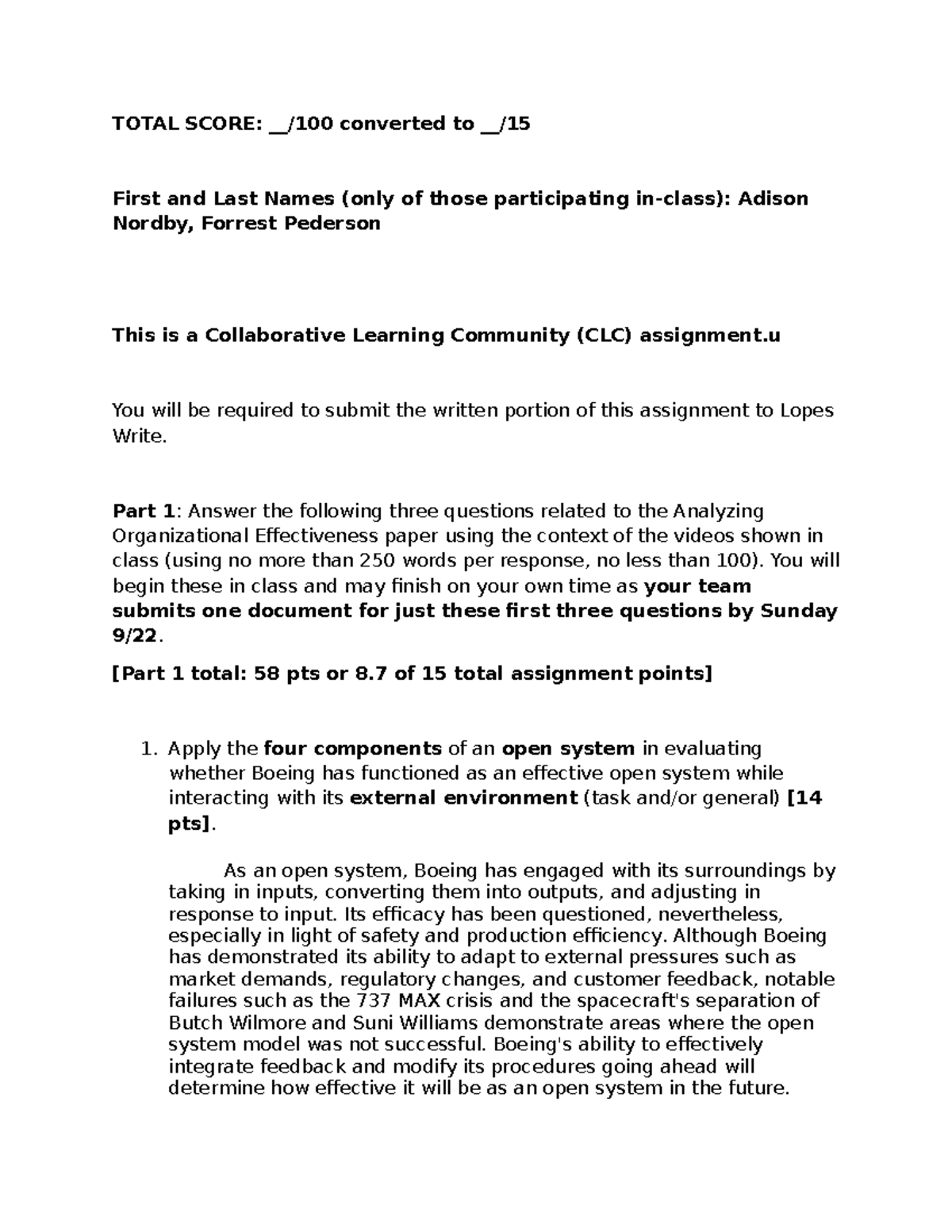 MGT 420 CLC - Exam 1: Topics 1-2 - TOTAL SCORE: __/100 converted to __/ First and Last Names ...