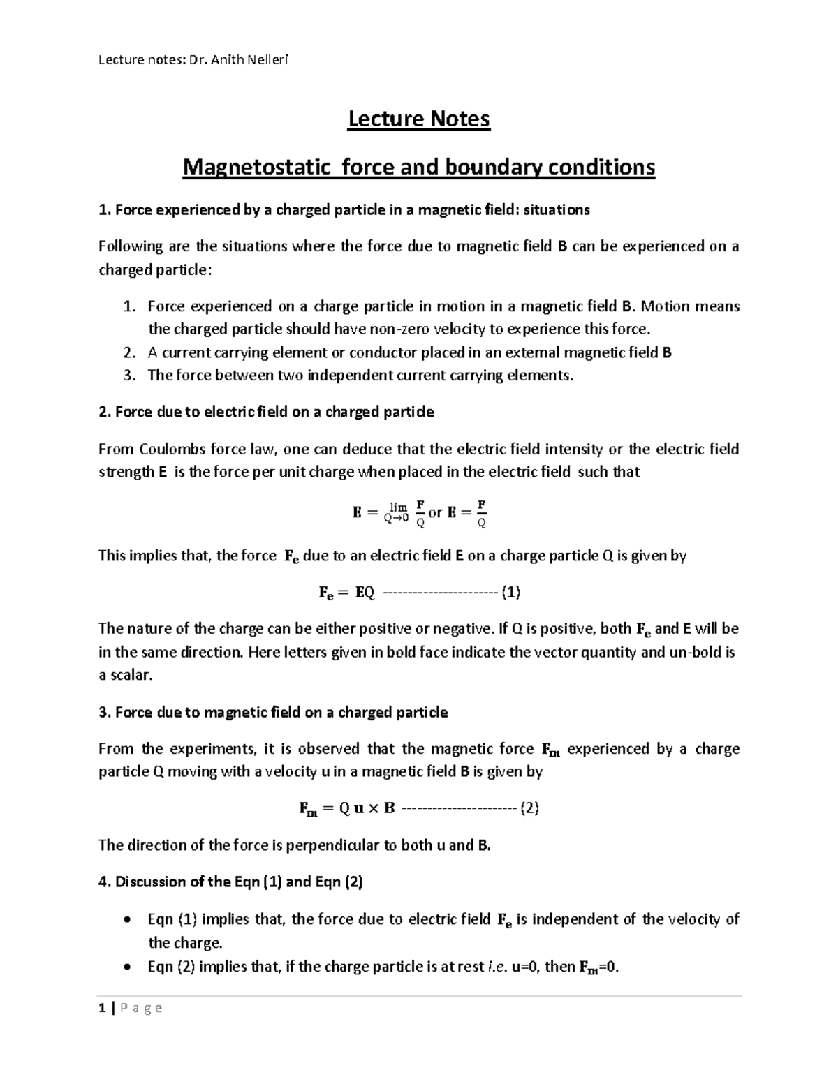 MOD -3 emtddjjjskdjwk - Lecture Notes Magnetostatic force and boundary ...