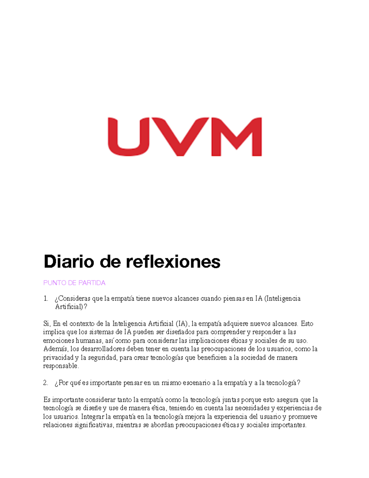 Unidad 2 diario de reflexion - Diario de reflexiones PUNTO DE PARTIDA ¿Consideras que la empatía ...