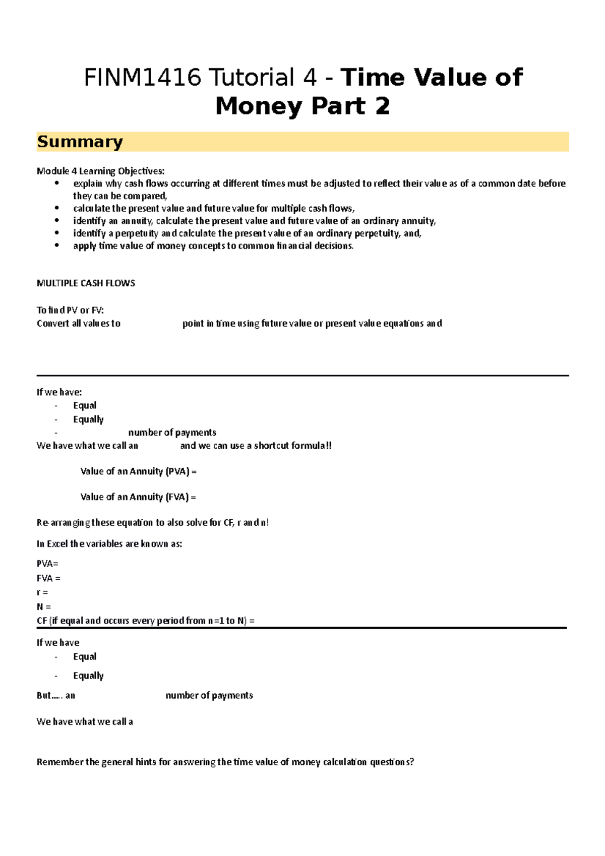 Tutorial 4 Handout Students - FINM1416 Tutorial 4 - Time Value of Money Part 2 Summary Module 4 ...