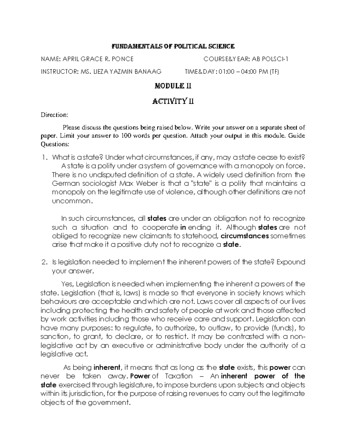 Module 2 activity 2 - Fundamentals OF POLITICAL SCIENCE NAME: APRIL ...