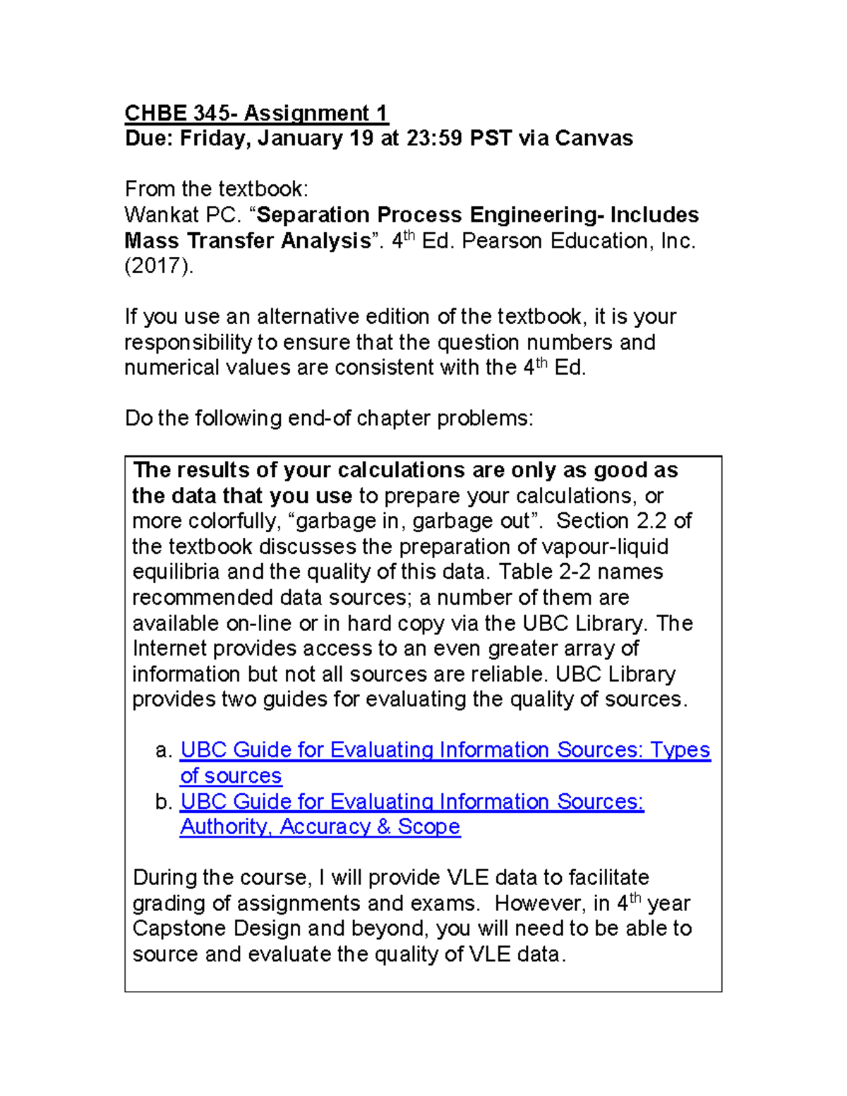 2024 01 12 345 Assignment 1 - CHBE 345- Assignment 1 Due: Friday, January 19 at 23:59 PST via ...