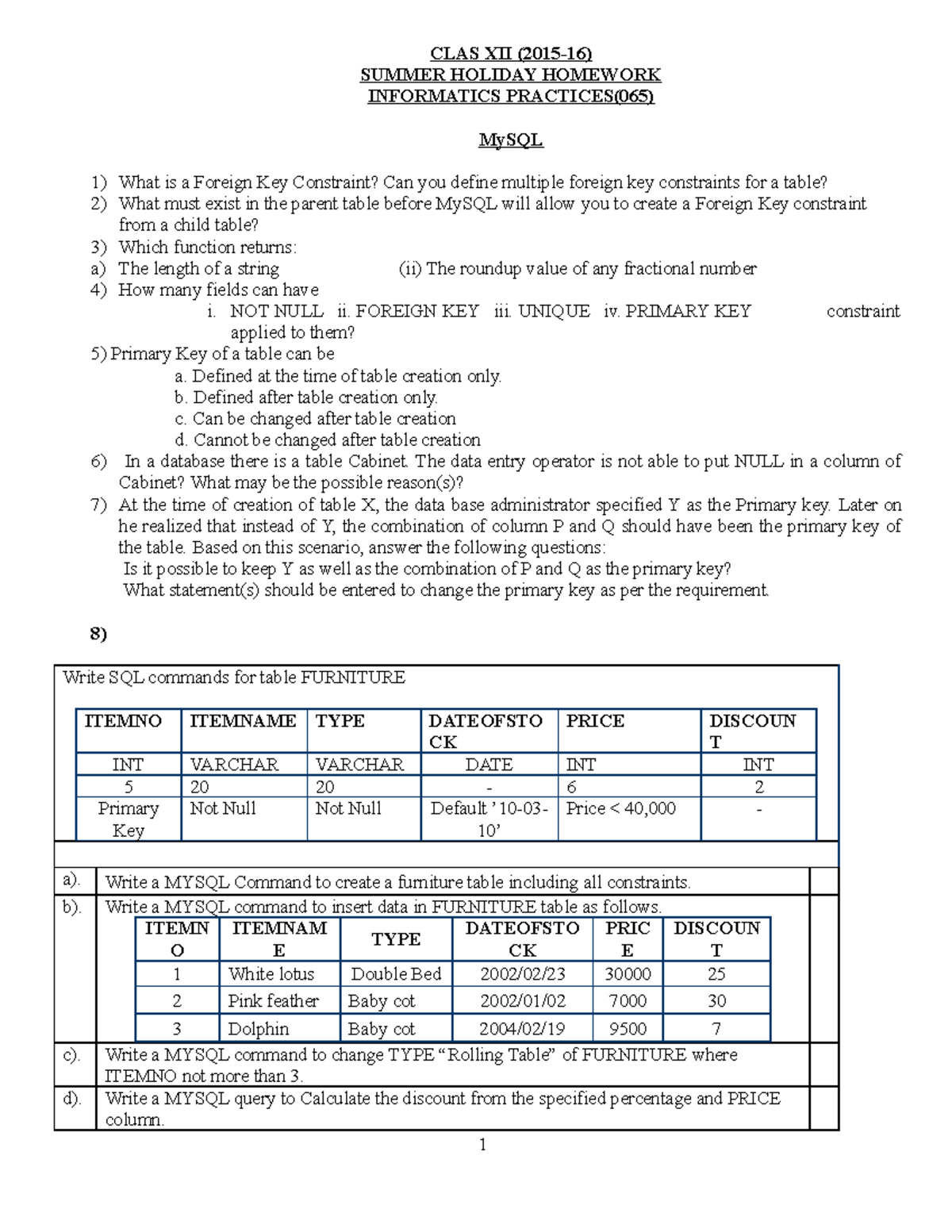 Holiday homework IP xii - CLAS XII SUMMER HOLIDAY HOMEWORK INFORMATICS PRACTICES(065) MySQL 1 ...