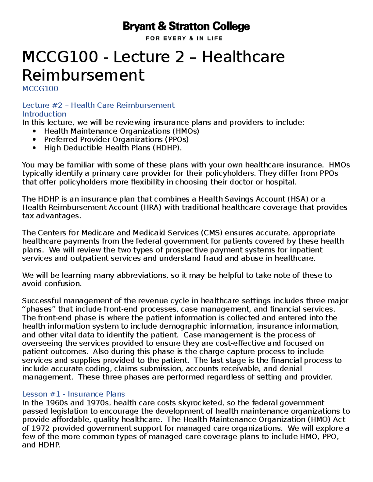 MCCG100 - Lecture 2 - Healthcare Reimbursement - MCCG100 - Lecture 2 – Healthcare Reimbursement ...