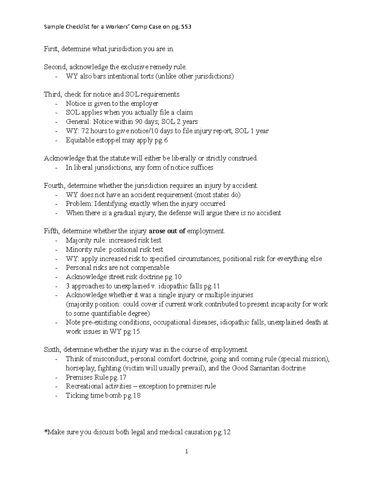 Attack Outline WC - Sample Checklist for a Workers’ Comp Case on pg ...