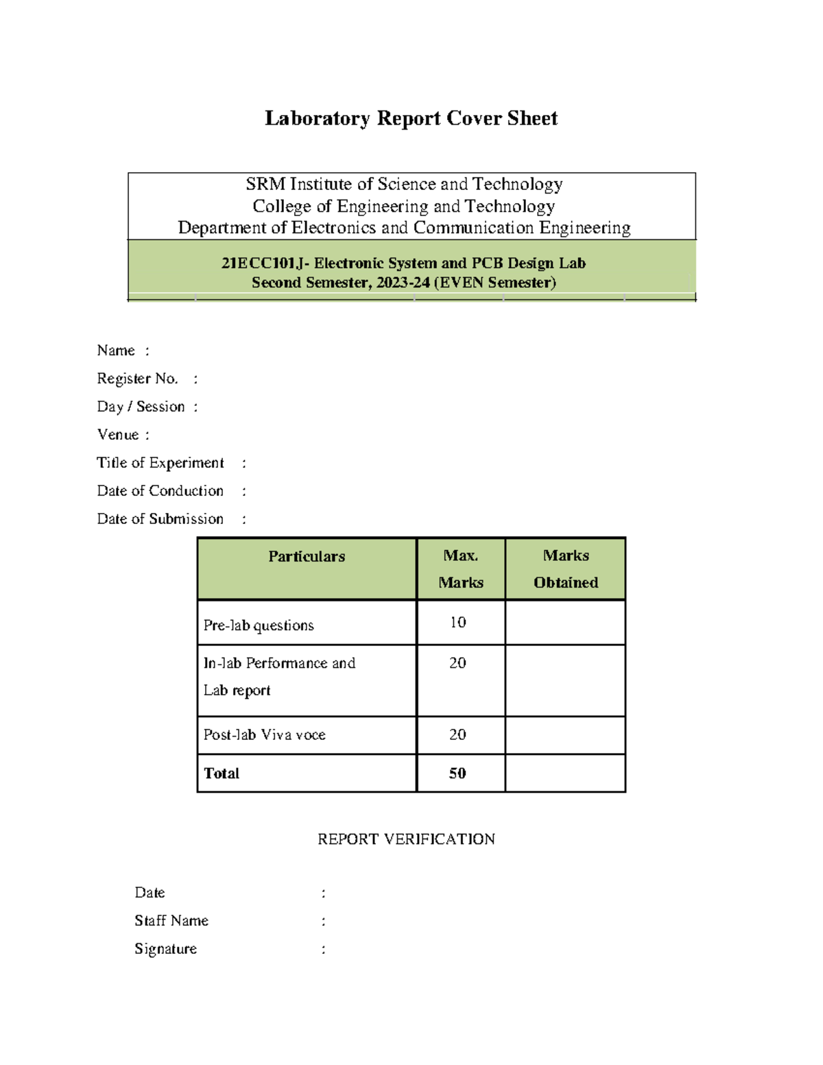 Exp11-final - Laboratory Report Cover Sheet Name : Register No. : Day / Session : Venue : Title ...
