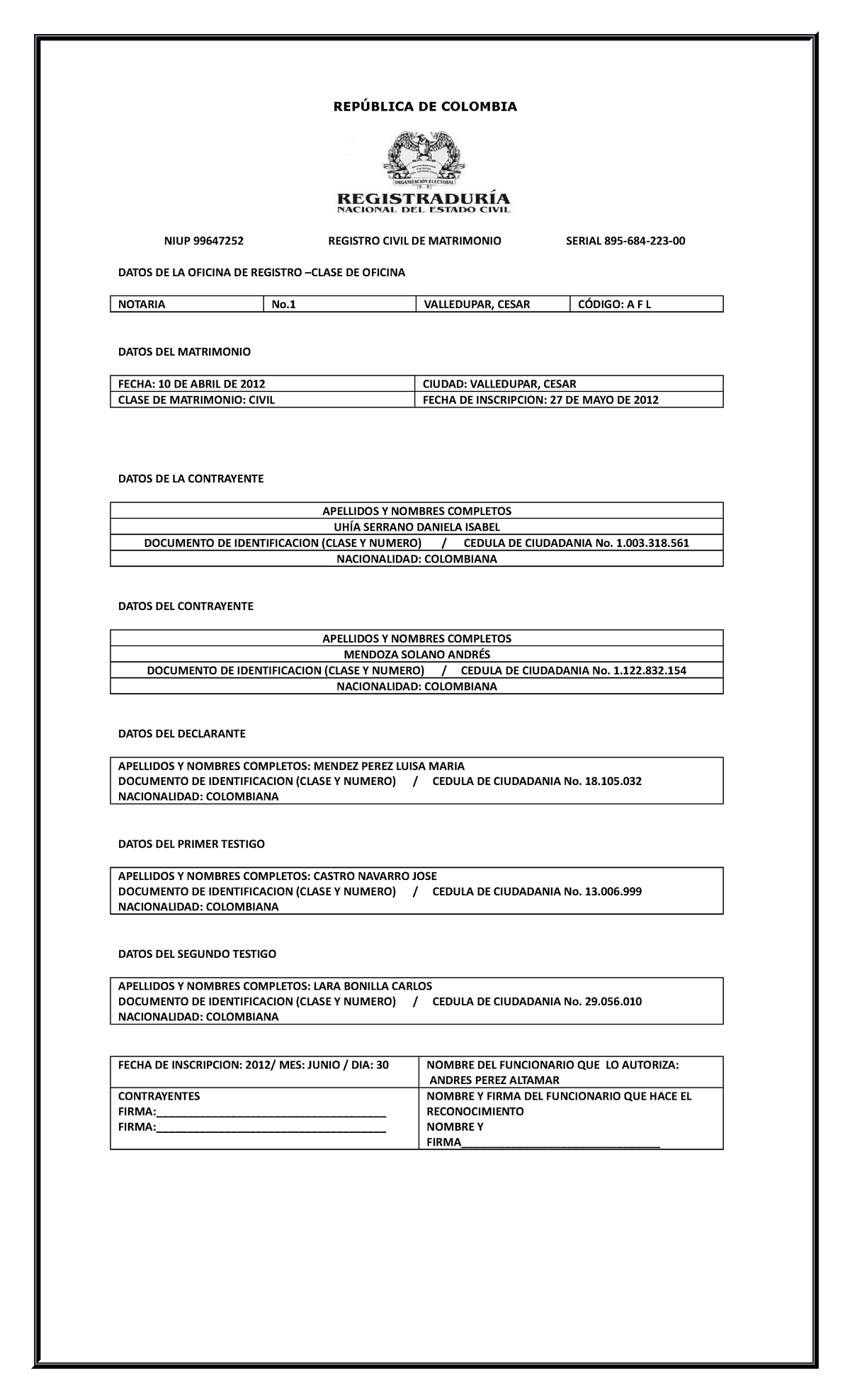 3. Registro Civilmatrimonio simulacion - REPÚBLICA DE COLOMBIA NIUP 99647252 REGISTRO CIVIL DE ...