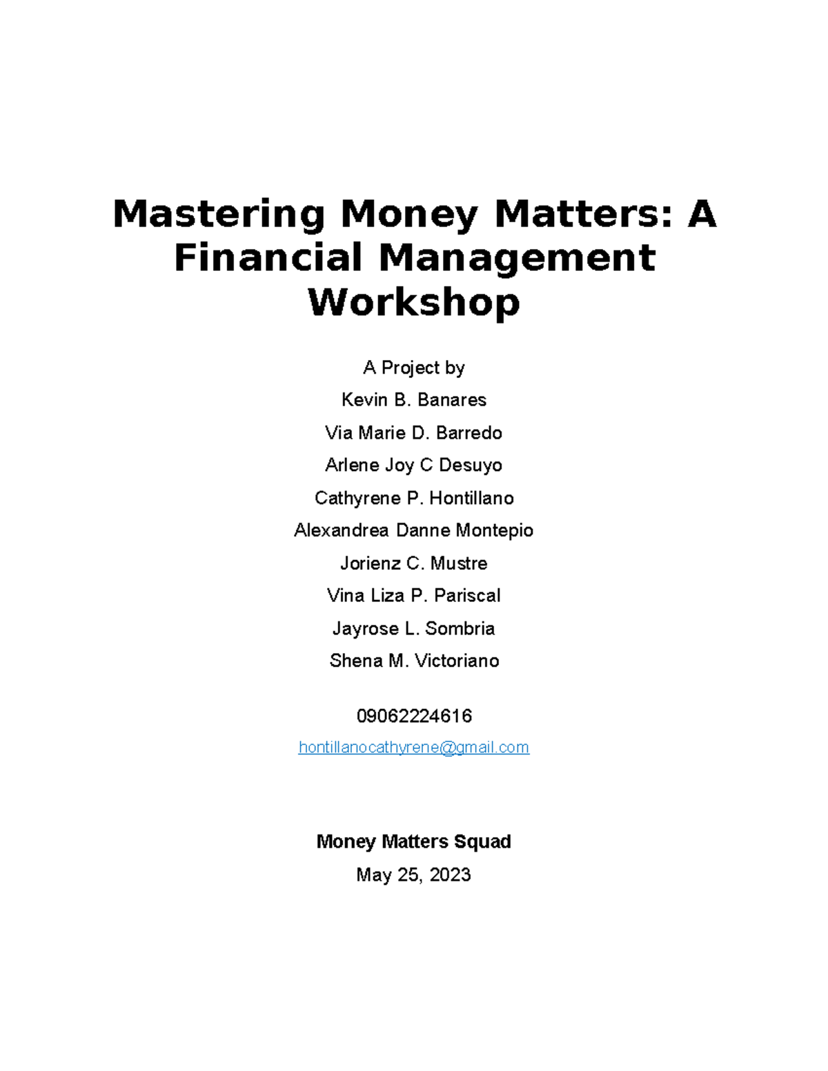 Mastering Money Matters A Financial Management Workshop - Mastering ...