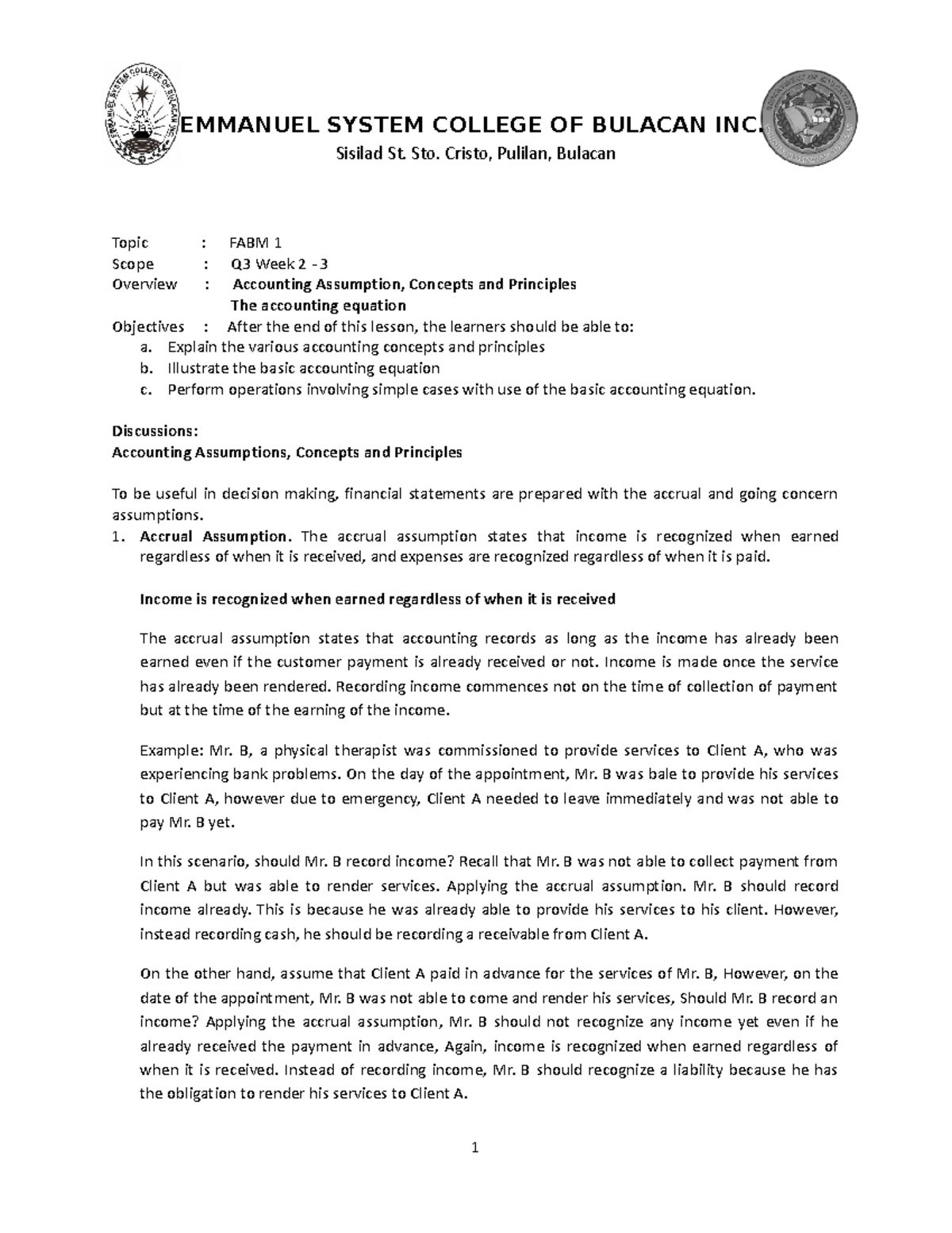 FABM 1 On Line Modules Week 2 3 - EMMANUEL SYSTEM COLLEGE OF BULACAN ...