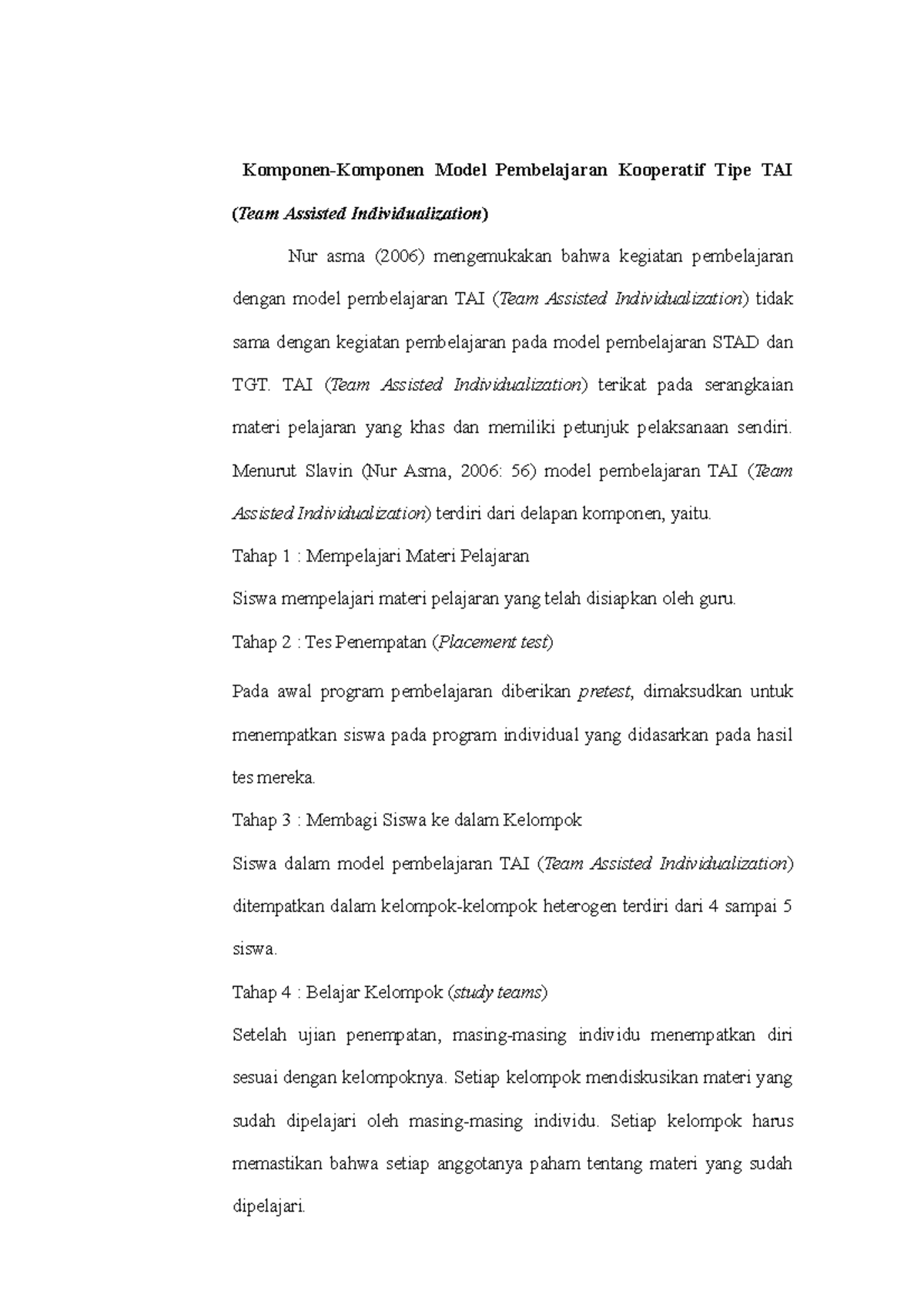 E2. Komponen-Komponen Model Pembelajaran Kooperatif Tipe TAI (Team ...