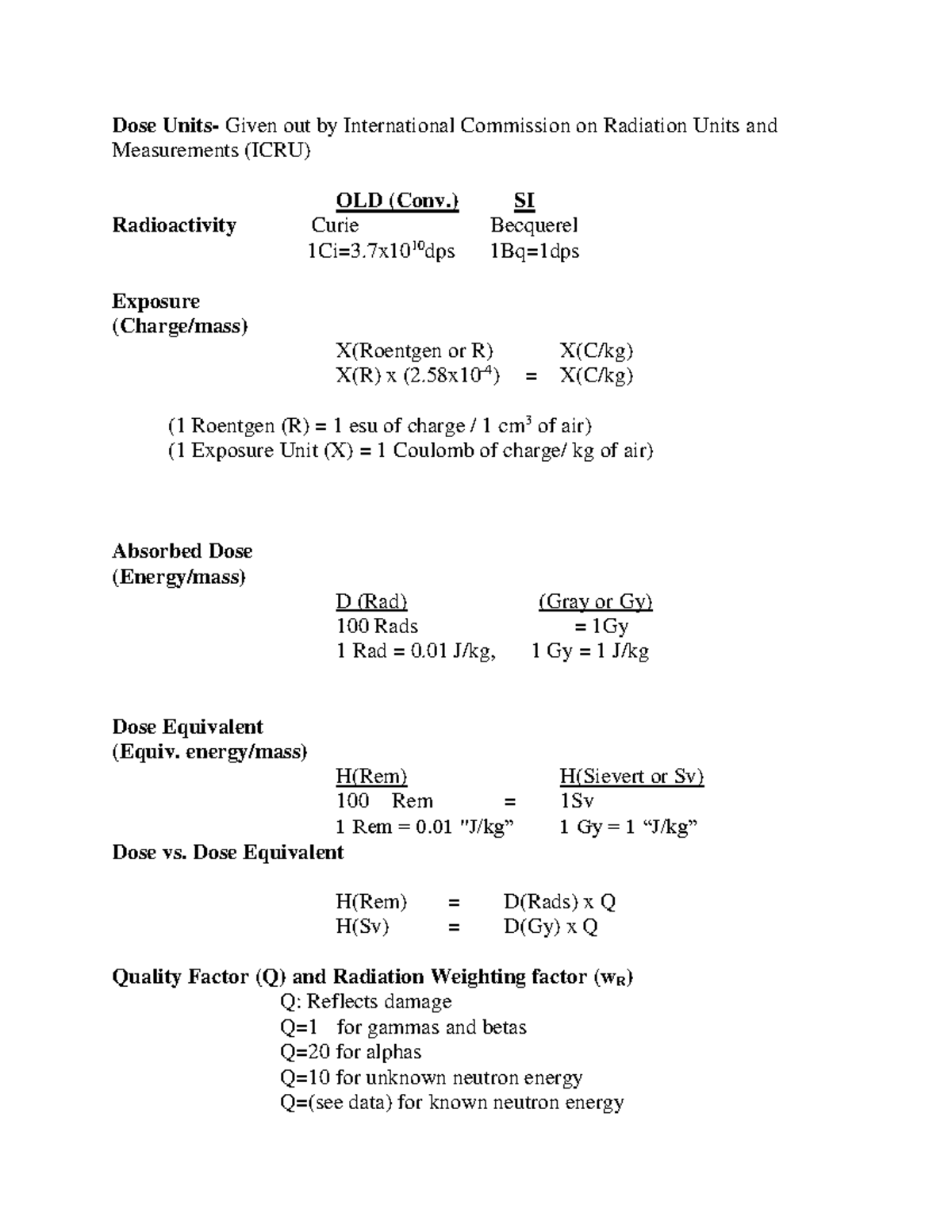 NE7303 Handout-8 Dose Quantities and Units - Dose Units- Given out by ...