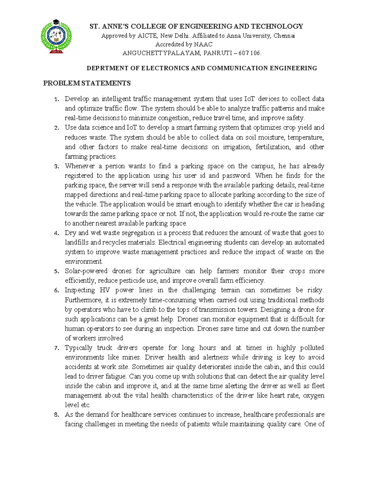 Problem Statements-ARUN - ST. ANNE’S COLLEGE OF ENGINEERING AND ...