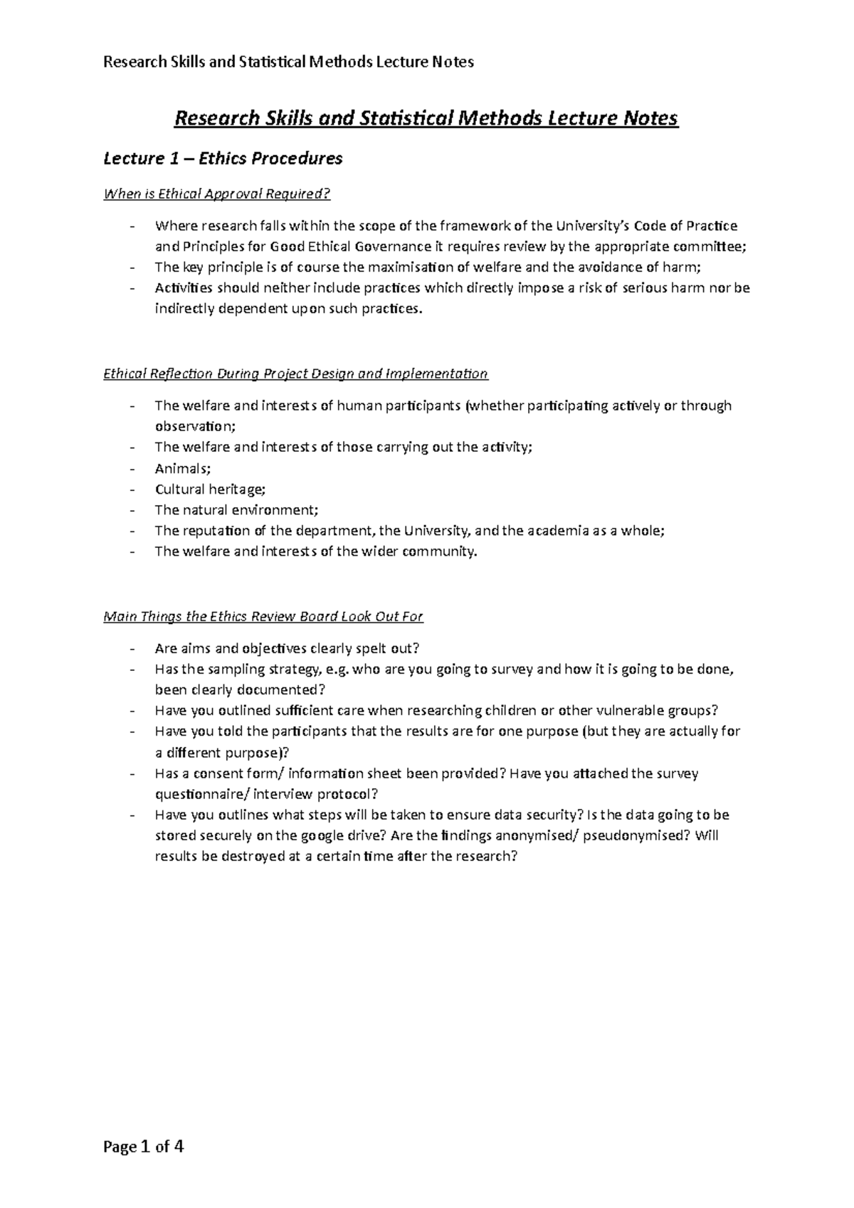 Lecture Notes Spring Term Research Skills And Statistical Methods Lecture Notes Lecture 1