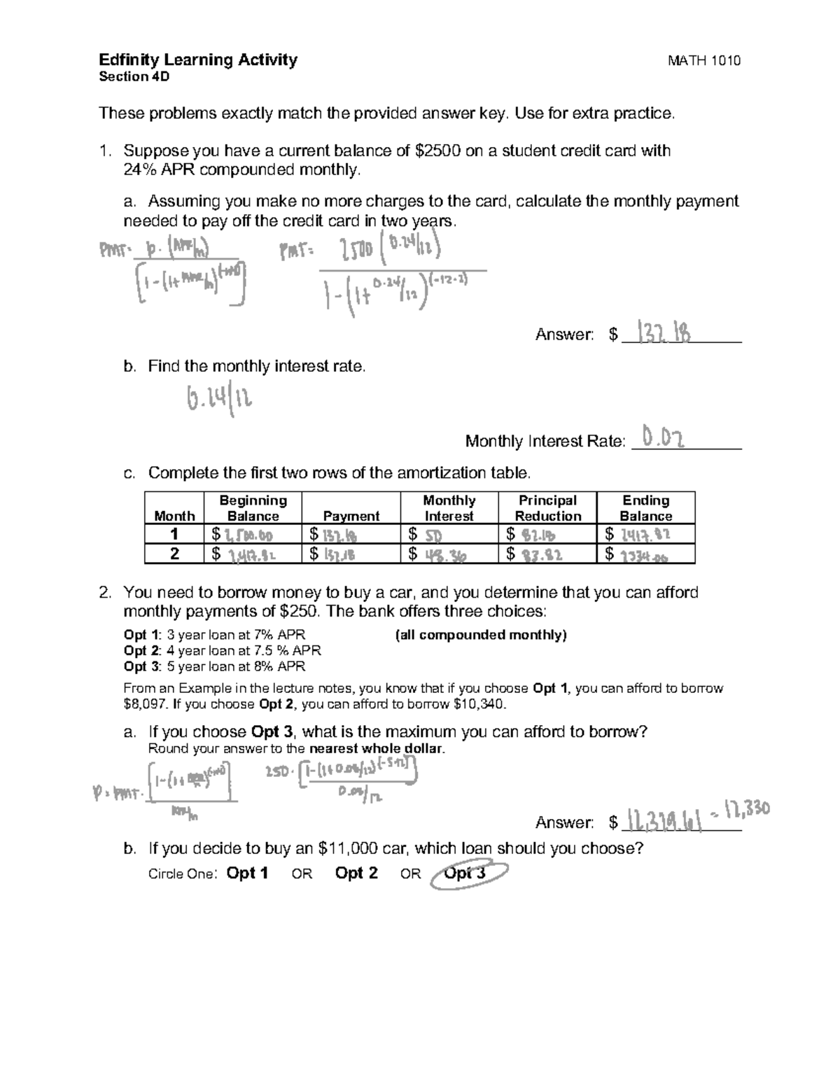 4DActivity - Class activity - Edfinity Learning Activity MATH 1010 ...