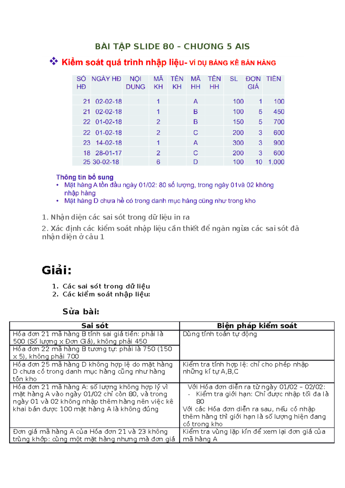 Bài tập slide 80 - AIS - BÀI TẬP SLIDE 80 – CHƯƠNG 5 AIS 1. Nhận diện các sai sót trong dữ liệu ...