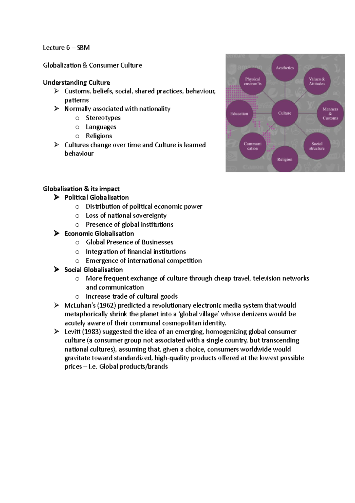 Lecture 6 - SBM - Globalisation - Consumer Culture - Political Globalisation - Economic - Studocu