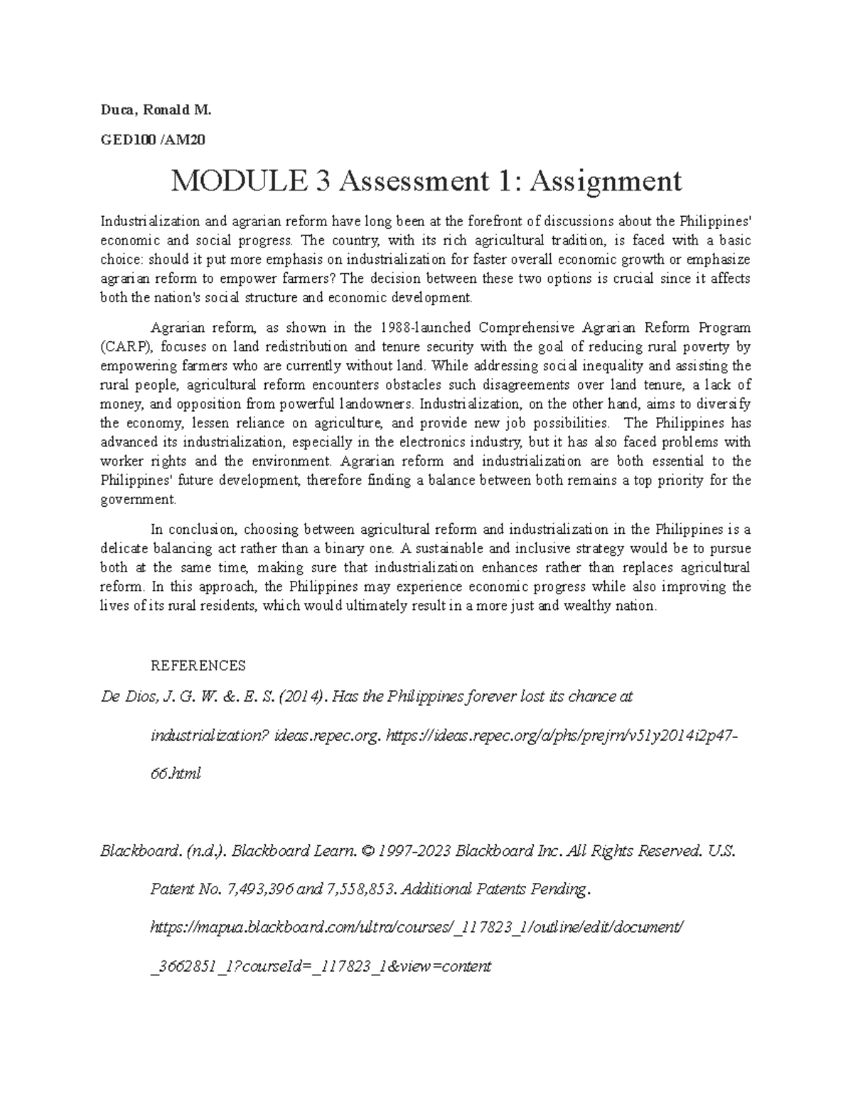 Module 3 Assessment 1 - essay - Duca, Ronald M. GED100 /AM MODULE 3 Assessment 1: Assignment ...
