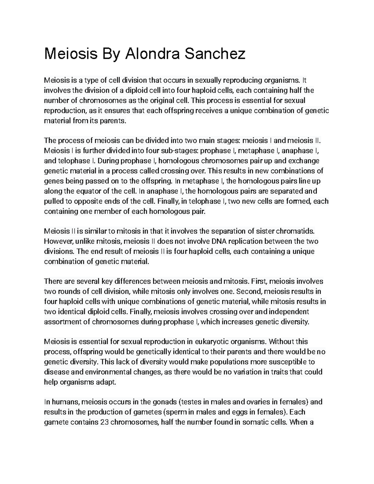 Meiosis essay by alondra - Meiosis By Alondra Sanchez Meiosis is a type ...