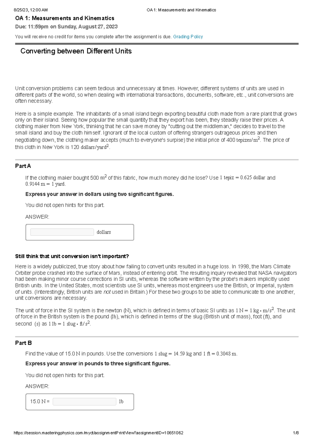 OA 1 Measurements and Kinematics - OA 1: Measurements and Kinematics ...