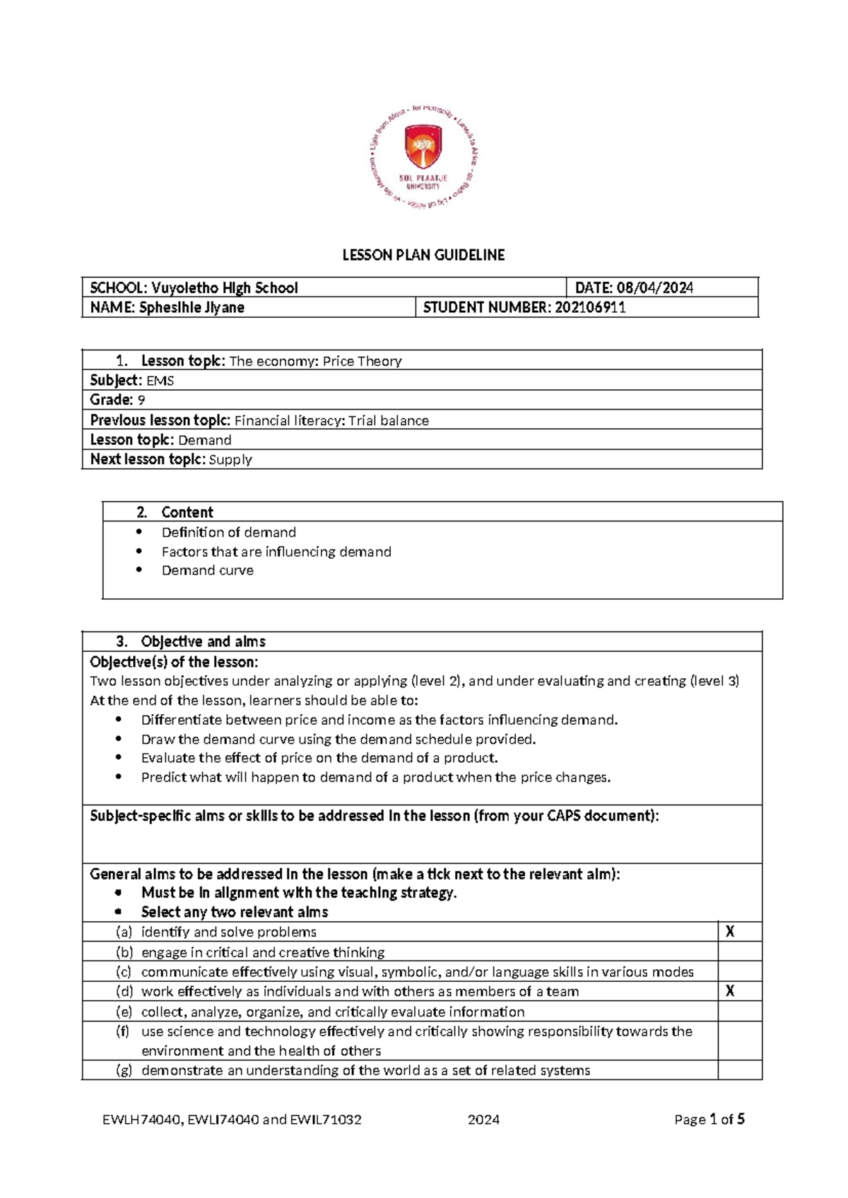 Price Theory - LESSON PLAN GUIDELINE SCHOOL: Vuyoletho High School DATE ...