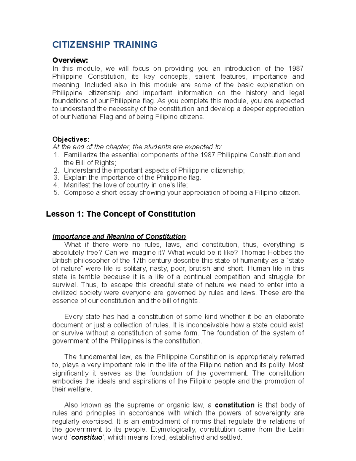 Module 3 Citizenship Training - CITIZENSHIP TRAINING Overview: In this ...