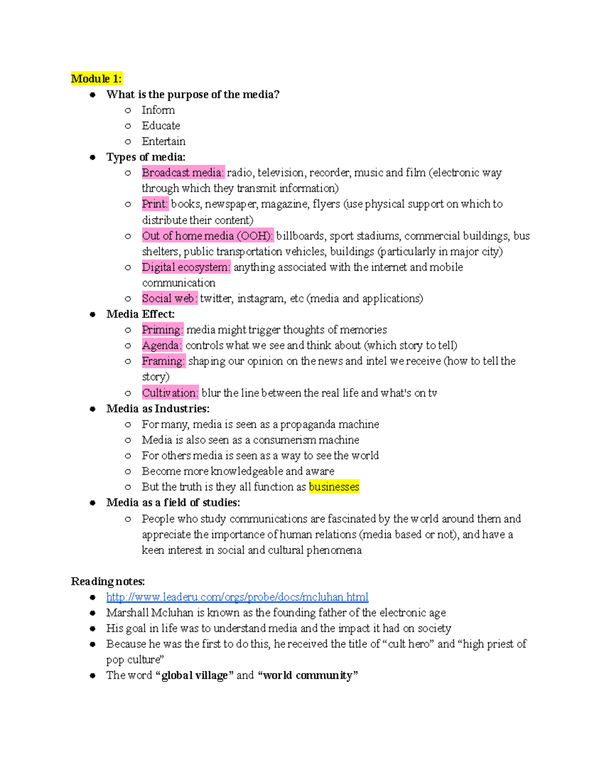 CMN1160 Class Notes - Module 1: What is the purpose of the media ...