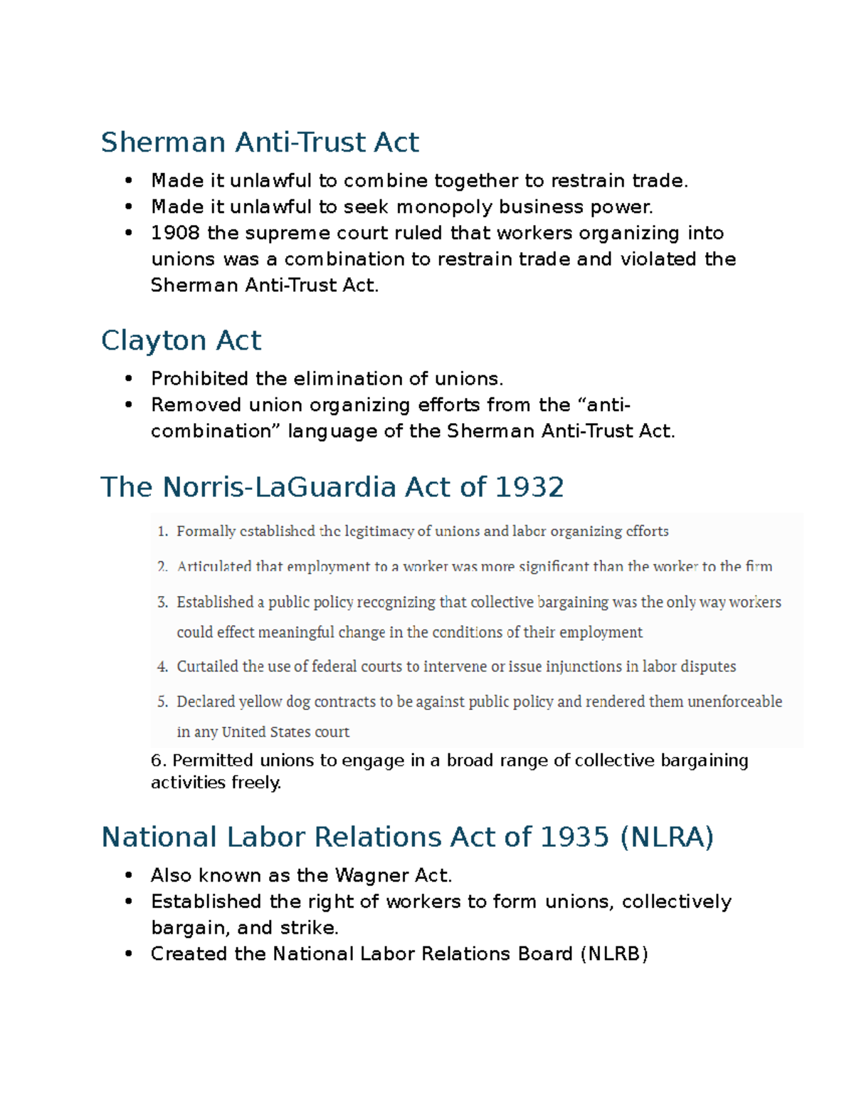 Union Laws Summary - Sherman Anti-Trust Act Made it unlawful to combine ...