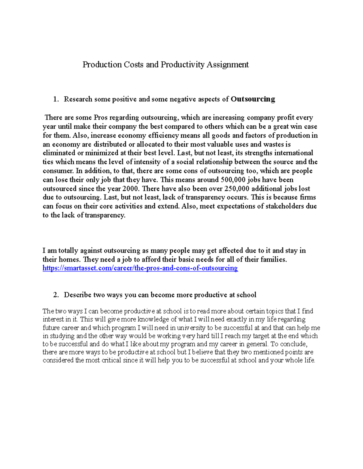Outsourcing and Productivity Assignment (1) - Production Costs and Productivity Assignment 1 ...