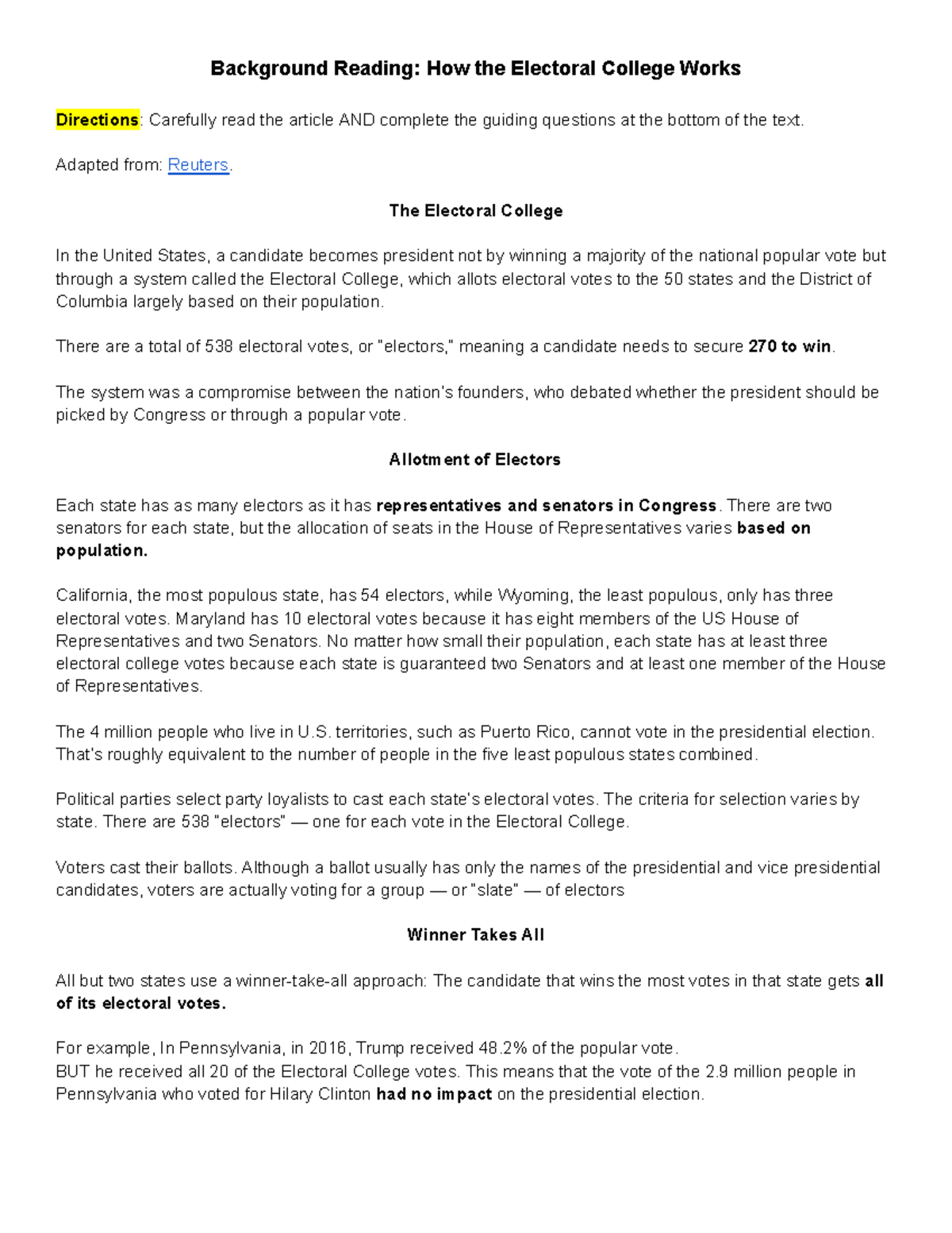 Background Reading How the Electoral College Works - Background Reading ...