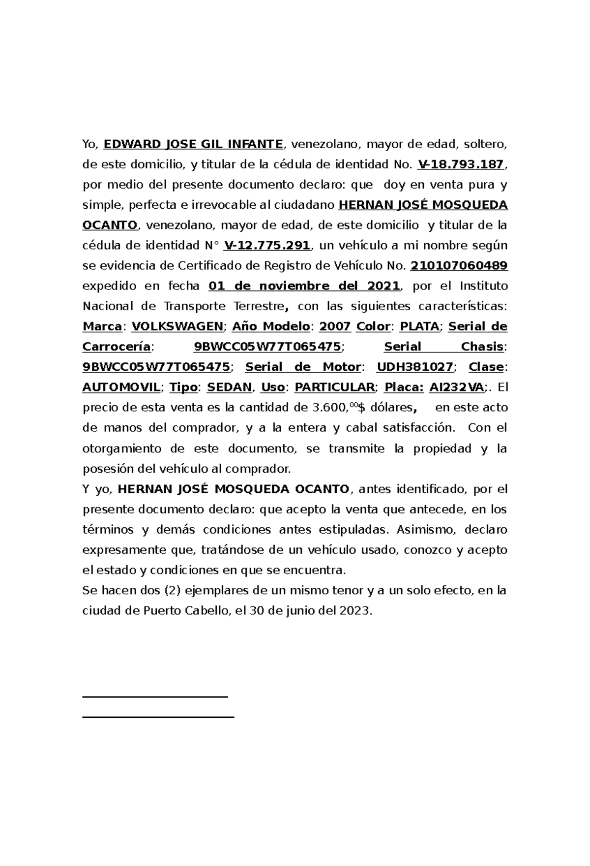 Modelo Venta de Vehiculo - Yo, EDWARD JOSE GIL INFANTE, venezolano ...