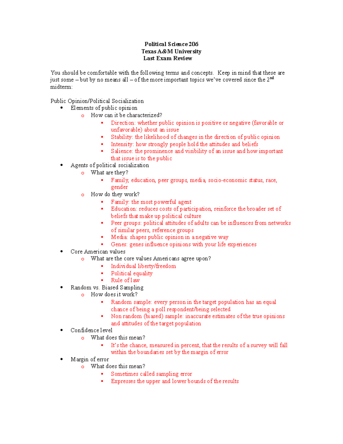 Last Exam Review Sheet - Political Science 206 Texas A&M University ...