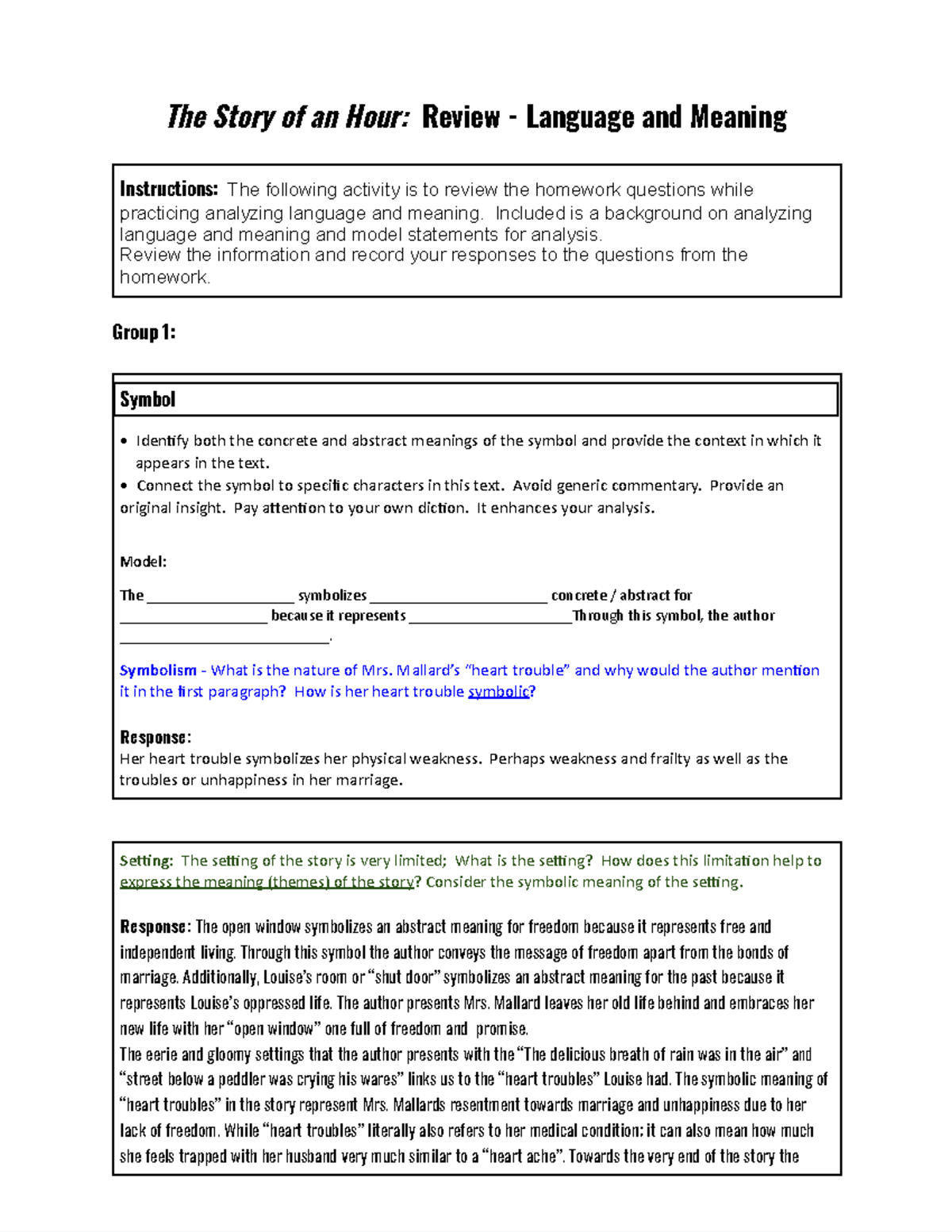 The Story of an Hour Activity Responses - The Story of an Hour: Review ...