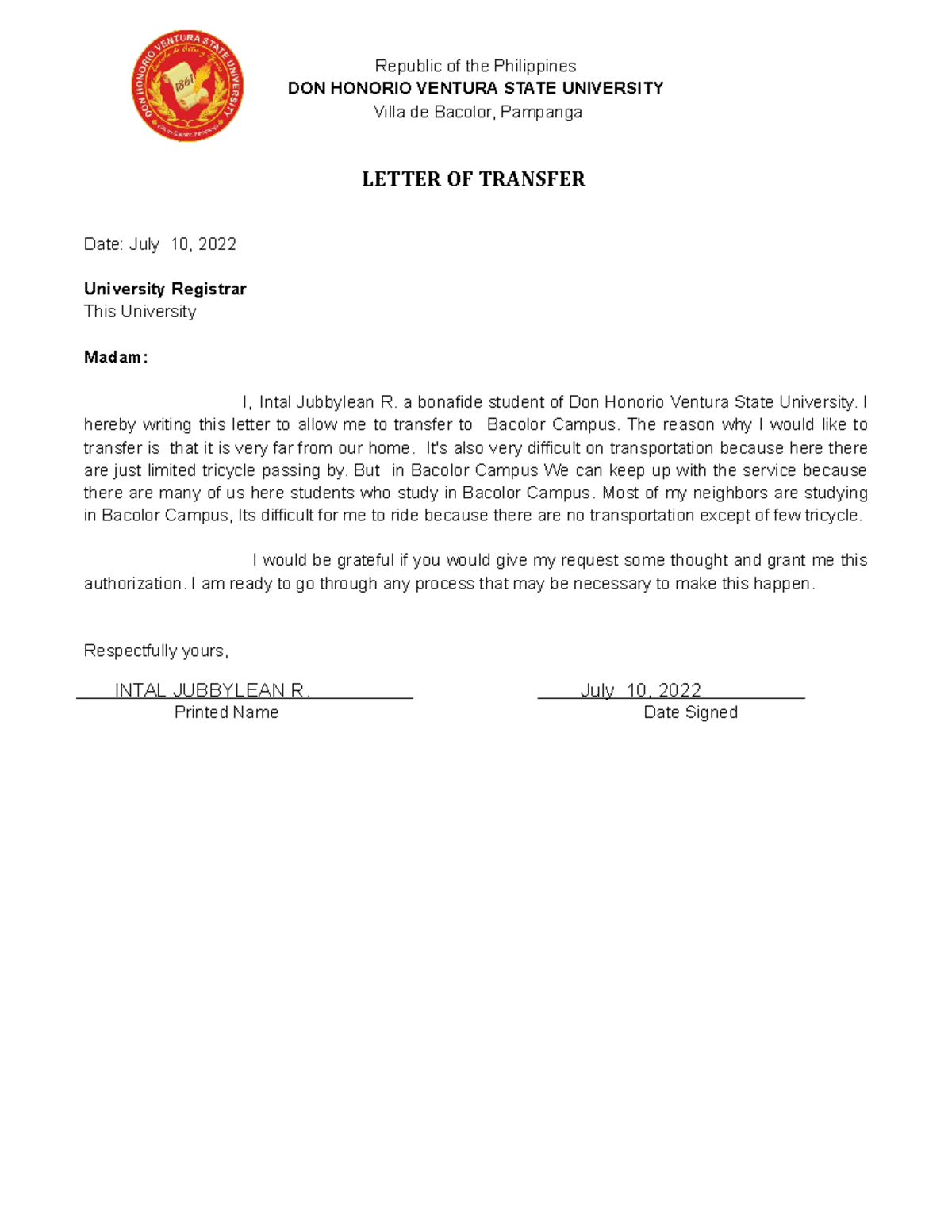 Intal, Jubbulean R-Letter-of-Transfer - Republic of the Philippines DON ...
