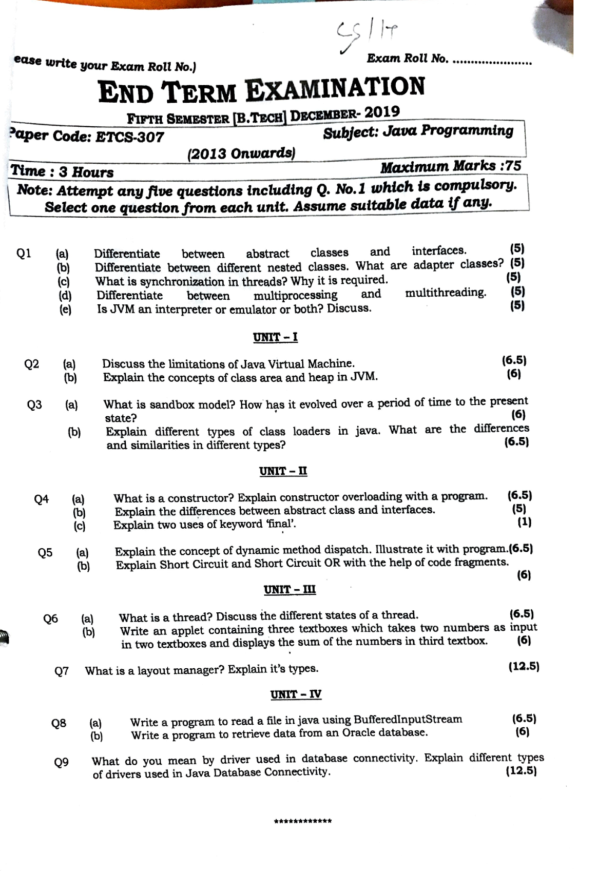 Java questions paper 2019-15 - 71 / eaae Write your Exam Roll No Exam ...