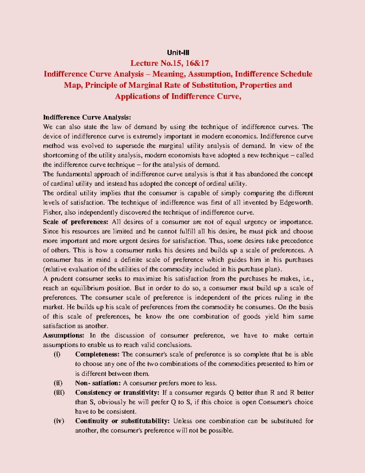 8. Indifference curve analysis - Unit-III Lecture No, 16& Indifference ...