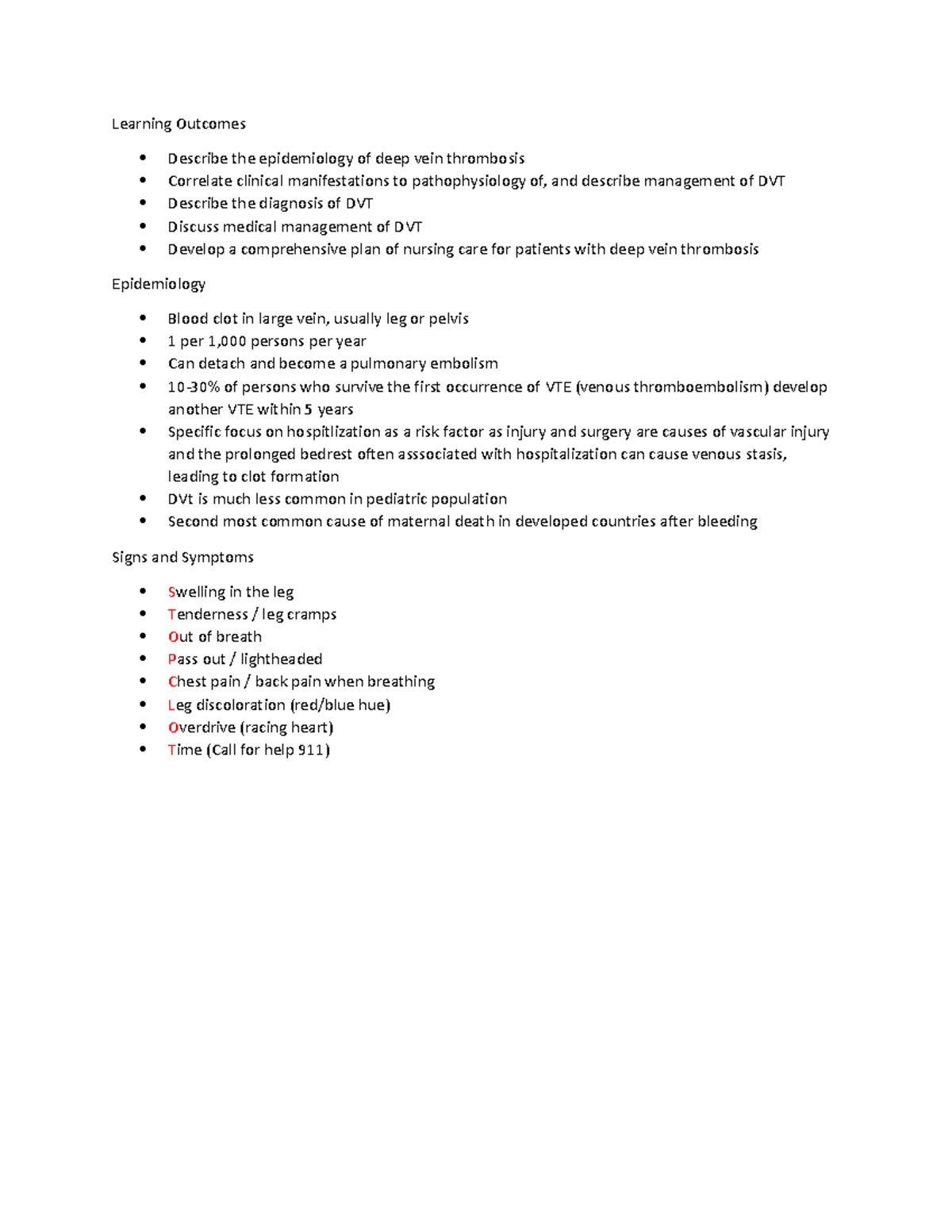 DVT - DVT Study Guide - Learning Outcomes Describe the epidemiology of ...