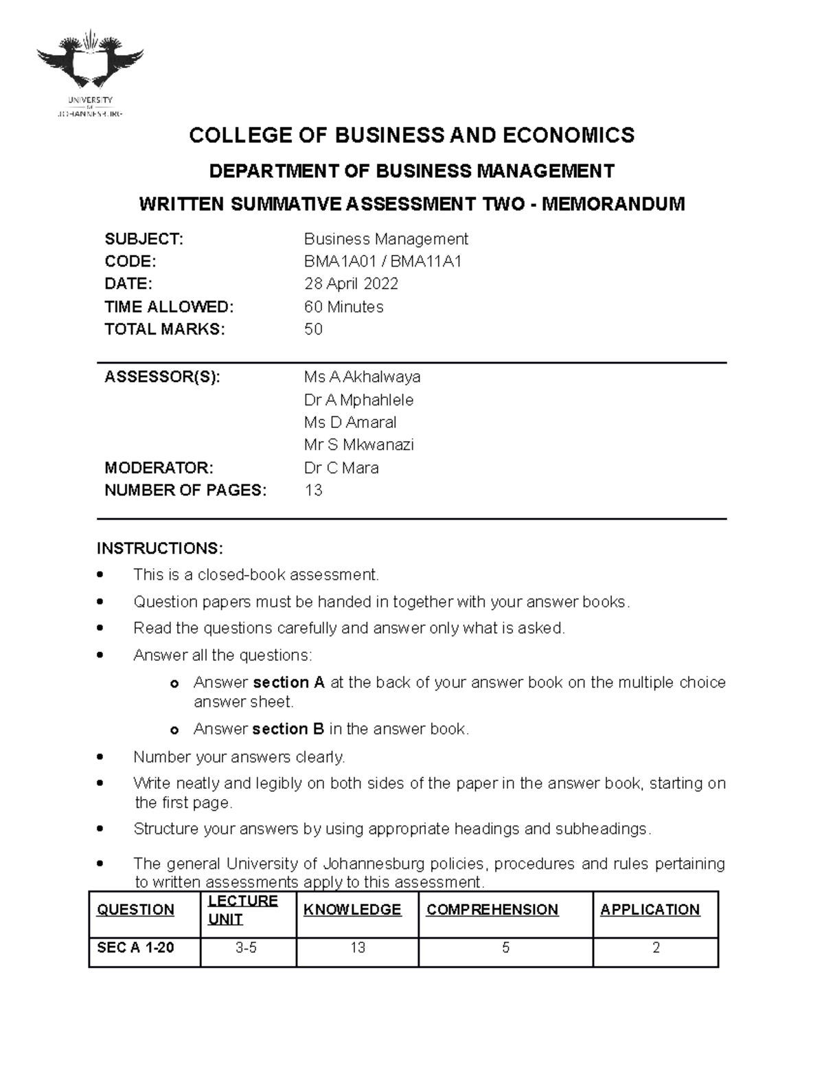 Test 2 - Memorandum for BB - COLLEGE OF BUSINESS AND ECONOMICS ...