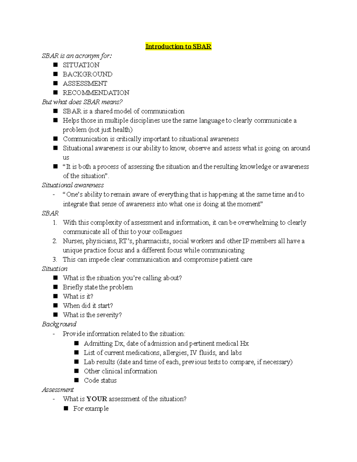 311 final notes - Introduction to SBAR SBAR is an acronym for ...
