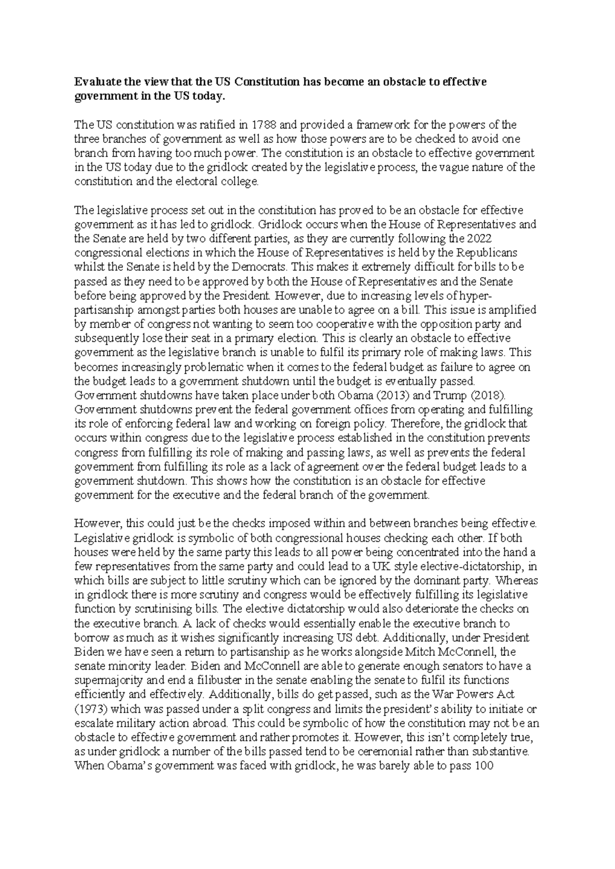 Constitution essay - Evaluate the view that the US Constitution has ...