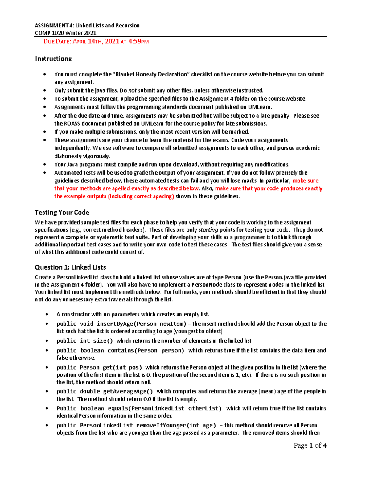 COMP1020Assignment 4 - Assignment 4 for Comp 1020 Winter - COMP 1020 Winter 2021 DUE DATE: APRIL ...