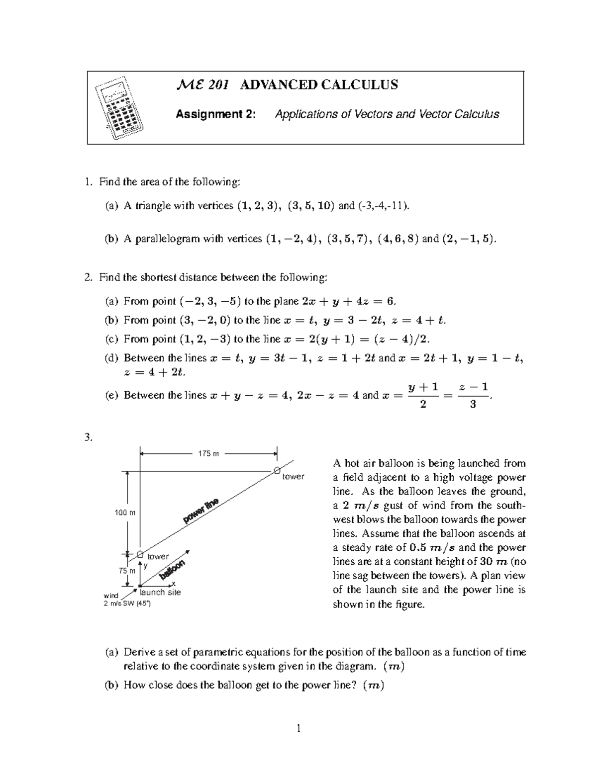 Calculus problems - ME 201 ADVANCED CALCULUS Assignment 2: Applications ...