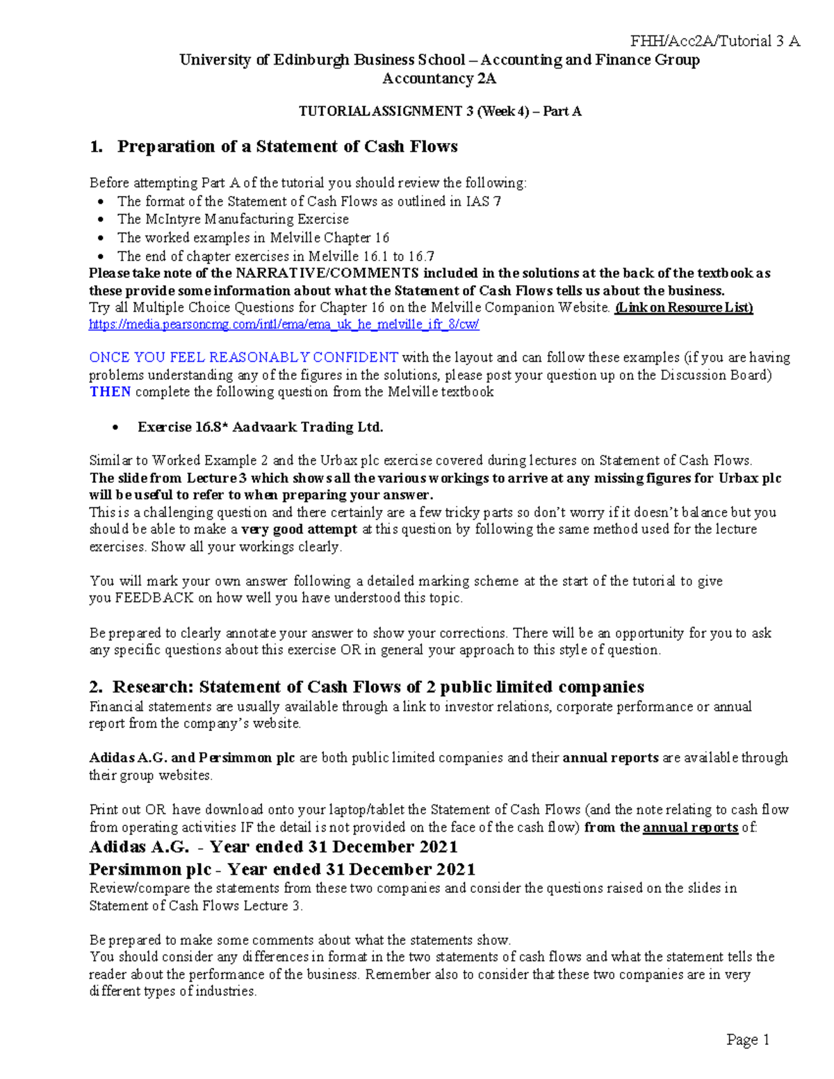 Acc2A Tutorial 3 Part A (Statement of Cash Flows) - FHH/Acc2A/Tutorial 3 A Page 1 University of ...