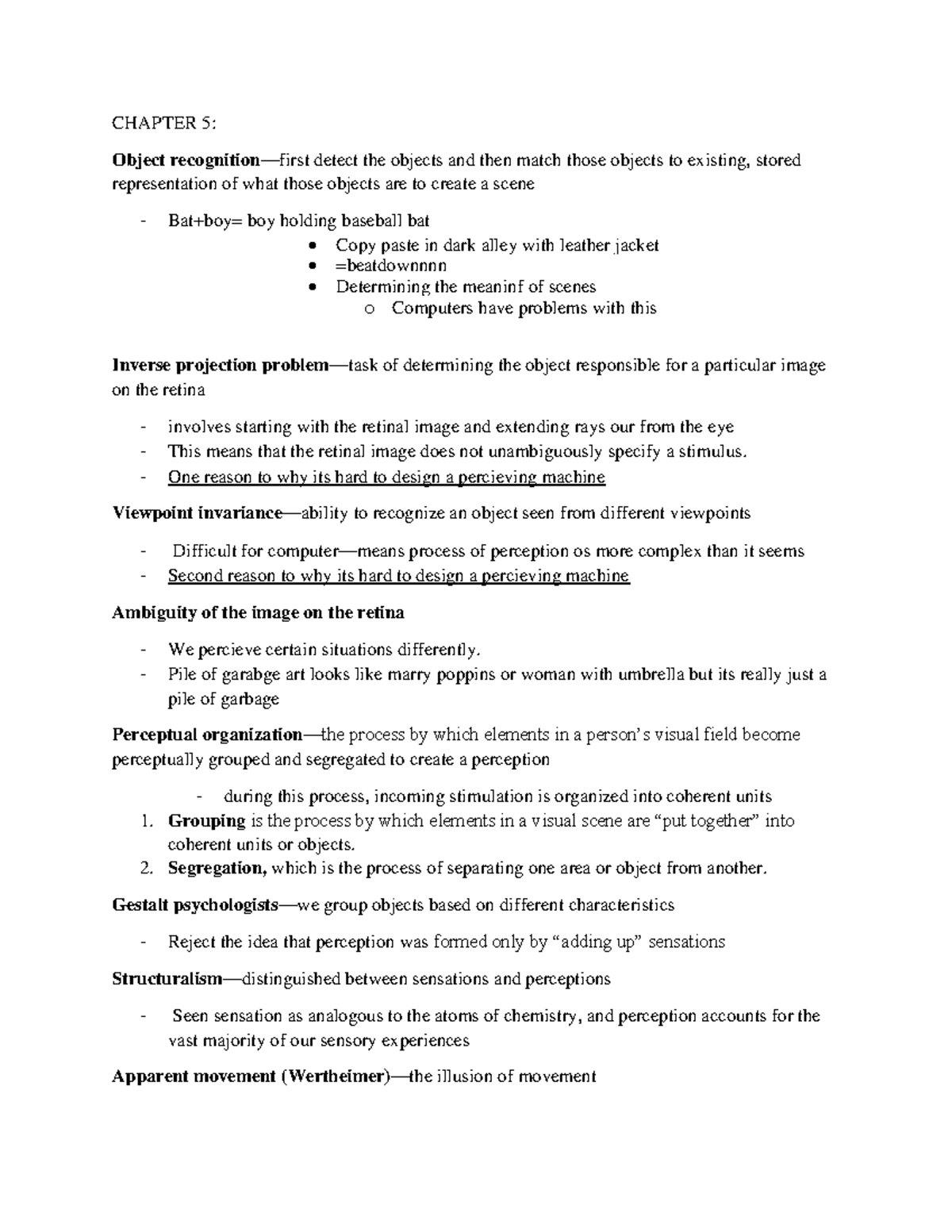 Perception Midterm 2 Study Sheet - CHAPTER 5: Object recognition—first detect the objects and ...